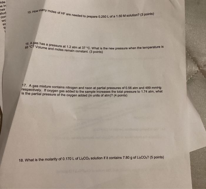 Solved 15. How many moles of HF are needed to prepare 0.250 | Chegg.com