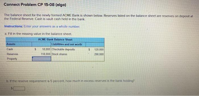Solved Connect Problem CP 15-08 (algo) The balance sheet for | Chegg.com