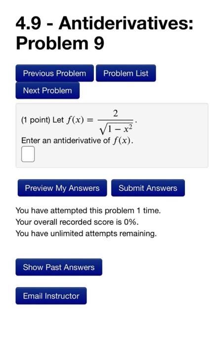 Solved 4.9 - Antiderivatives: Problem 9 (1 point) Let | Chegg.com