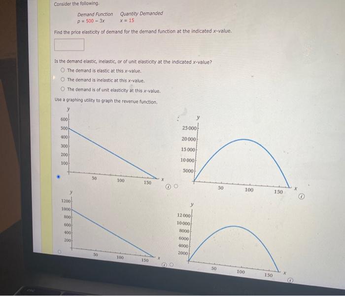 Solved Consider the following. Demand Function p=500 - 3x | Chegg.com