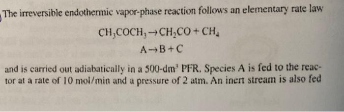 Solved The irreversible endothermic vapor-phase reaction | Chegg.com