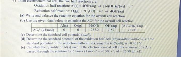 Solved In an electrochemical cell, the two half reactions | Chegg.com