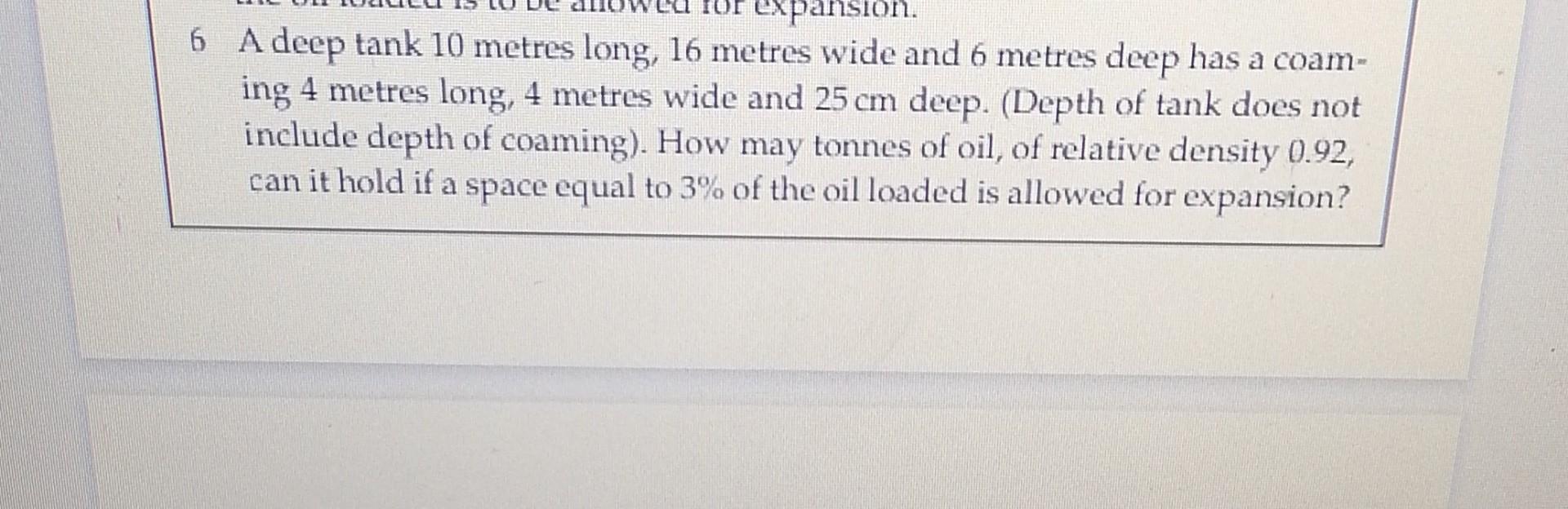 Solved 6 A deep tank 10 metres long, 16 metres wide and 6 | Chegg.com