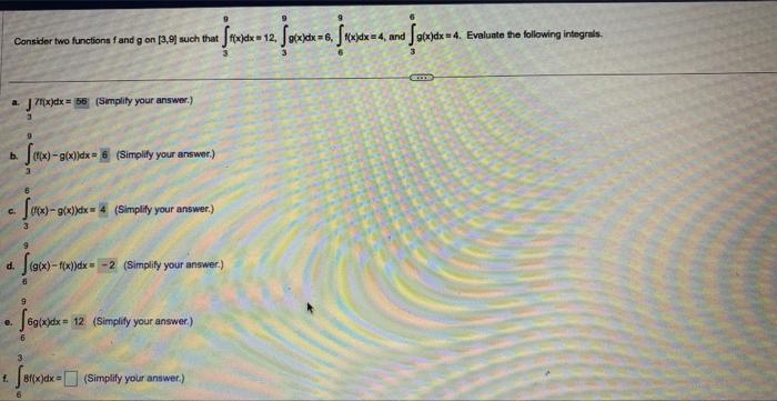 Solved Consider two functions f and g on [3,9] such that | Chegg.com