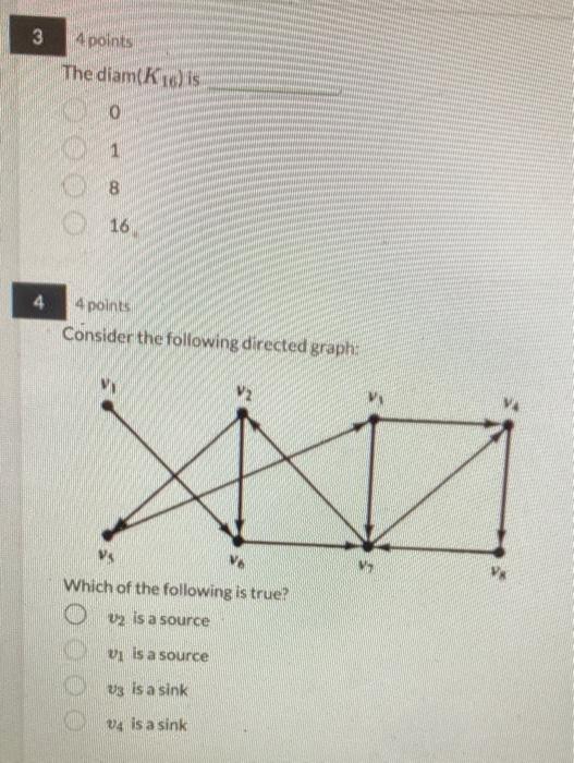 Solved 34 points The diam (K16) is 0 1 8 16 4 points | Chegg.com