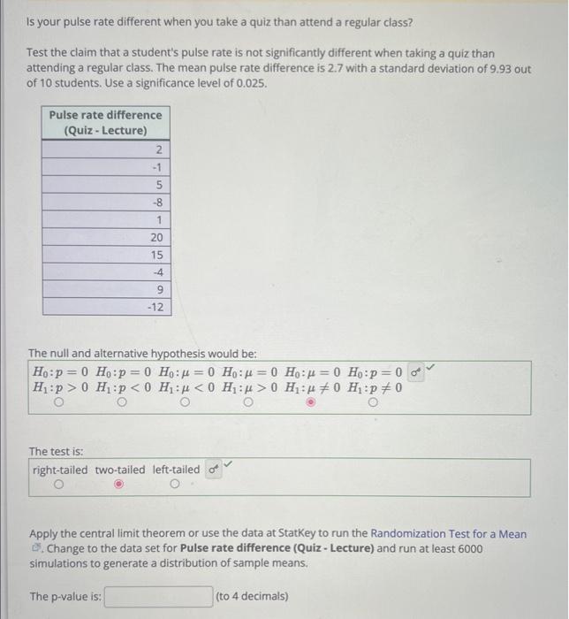 Solved Is your pulse rate different when you take a quiz | Chegg.com