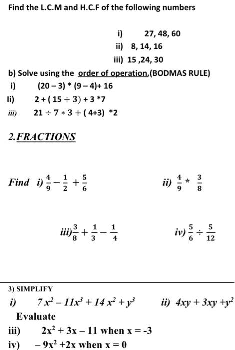 Solved Find the L.C.M and H.C.F of the following numbers i) | Chegg.com