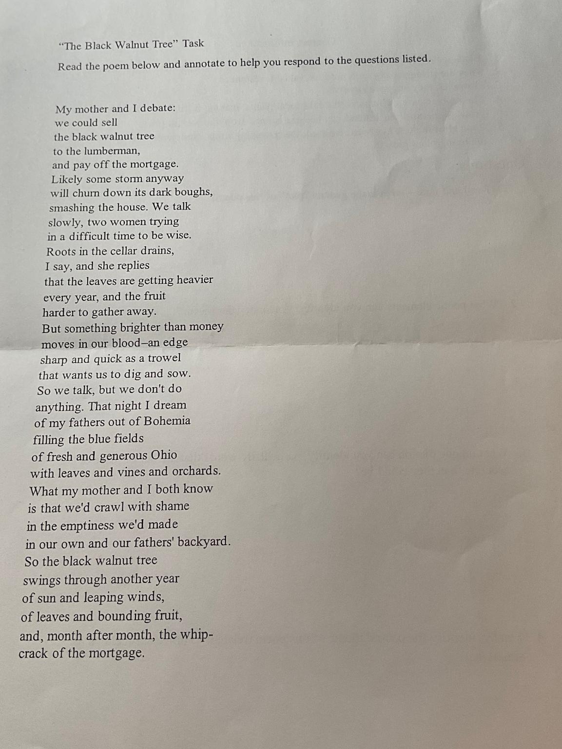 Solved "The Black Walnut Tree" TaskRead the poem below and | Chegg.com