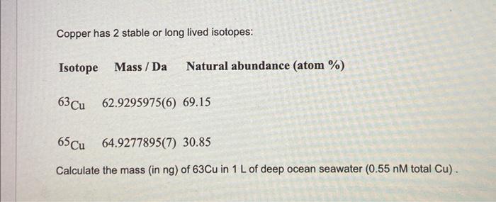 Solved Copper has 2 stable or long lived isotopes: Calculate | Chegg.com