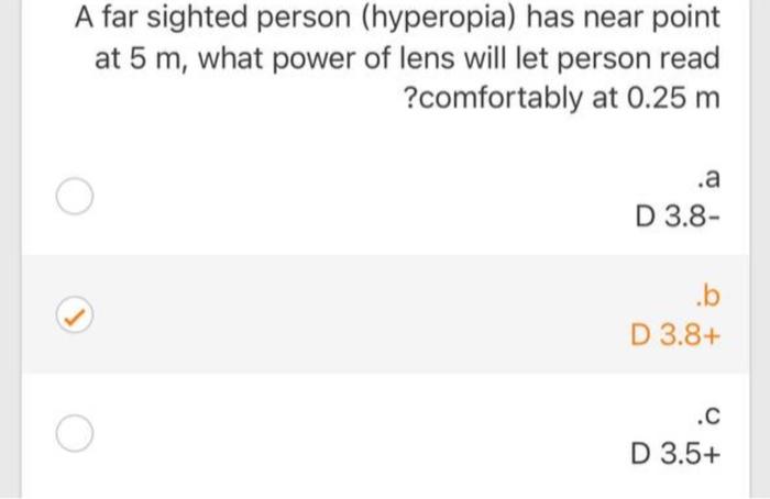 Solved A far sighted person (hyperopia) has near point at 5 | Chegg.com