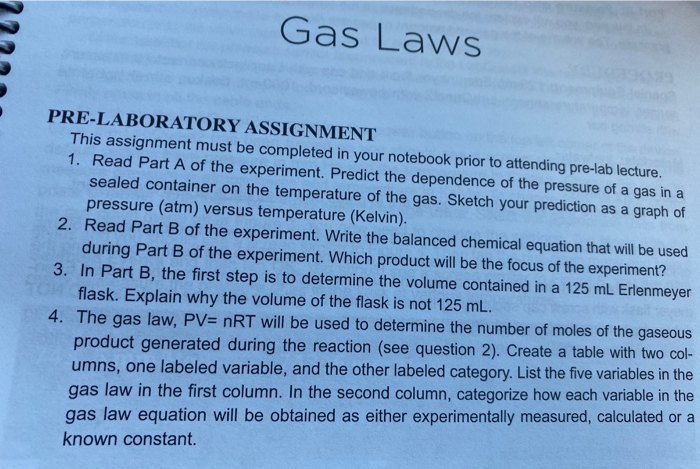 Gas Laws PRE-LABORATORY ASSIGNMENT This assignment | Chegg.com