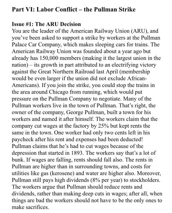 Solved Part VI: Labor Conflict - the Pullman Strike Issue | Chegg.com