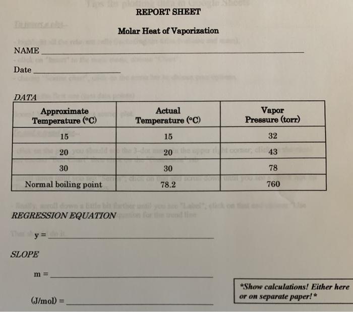 Solved REPORT SHEET Molar Heat of Vaporization NAME Date | Chegg.com