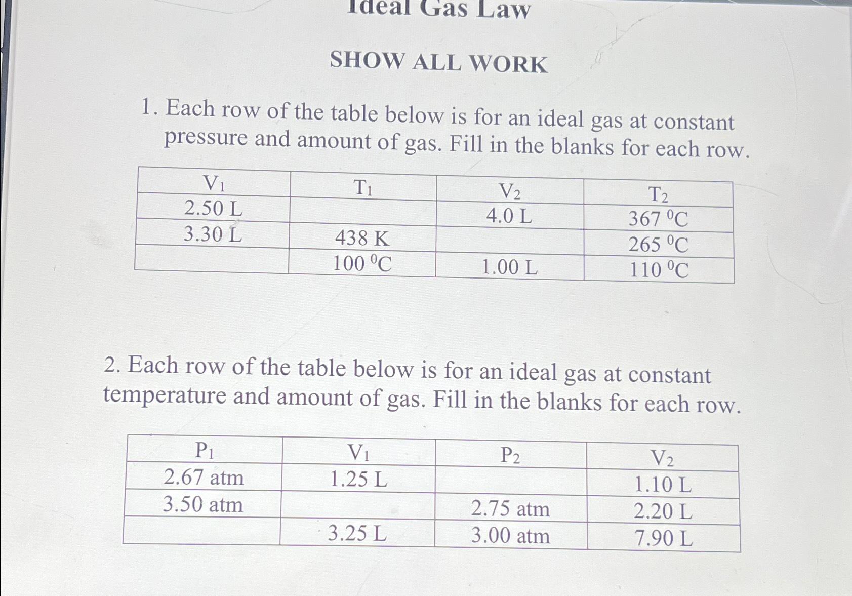 Solved 1deal Gas LawSHOW ALL WORKEach row of the table below | Chegg.com