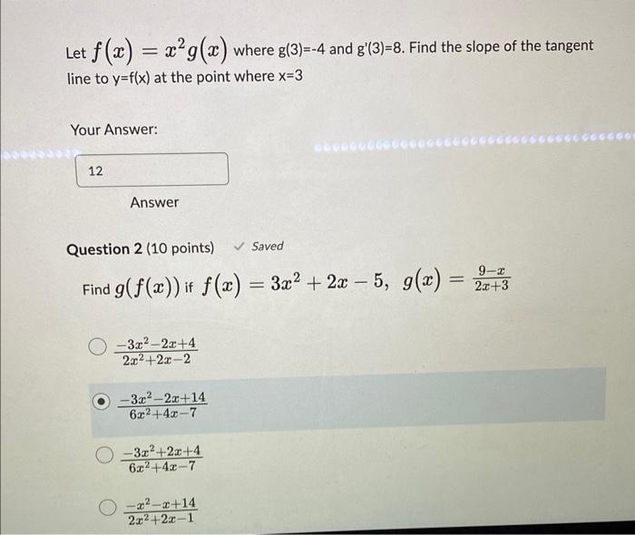 Solved Let f(x)=x2g(x) where g(3)=−4 and g′(3)=8. Find the | Chegg.com