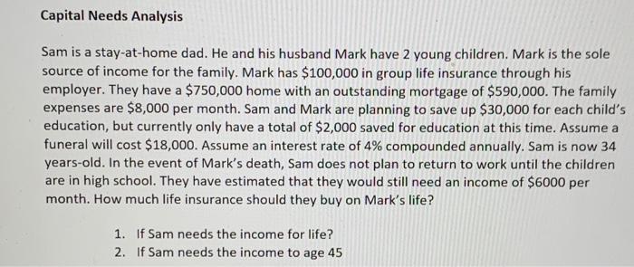 Solved Capital Needs Analysis Sam is a stay-at-home dad. He | Chegg.com