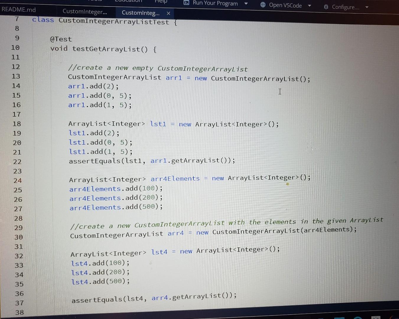Solved assertEquals((int) Lst1.get(1), (int) arr1.get(1)); | Chegg.com