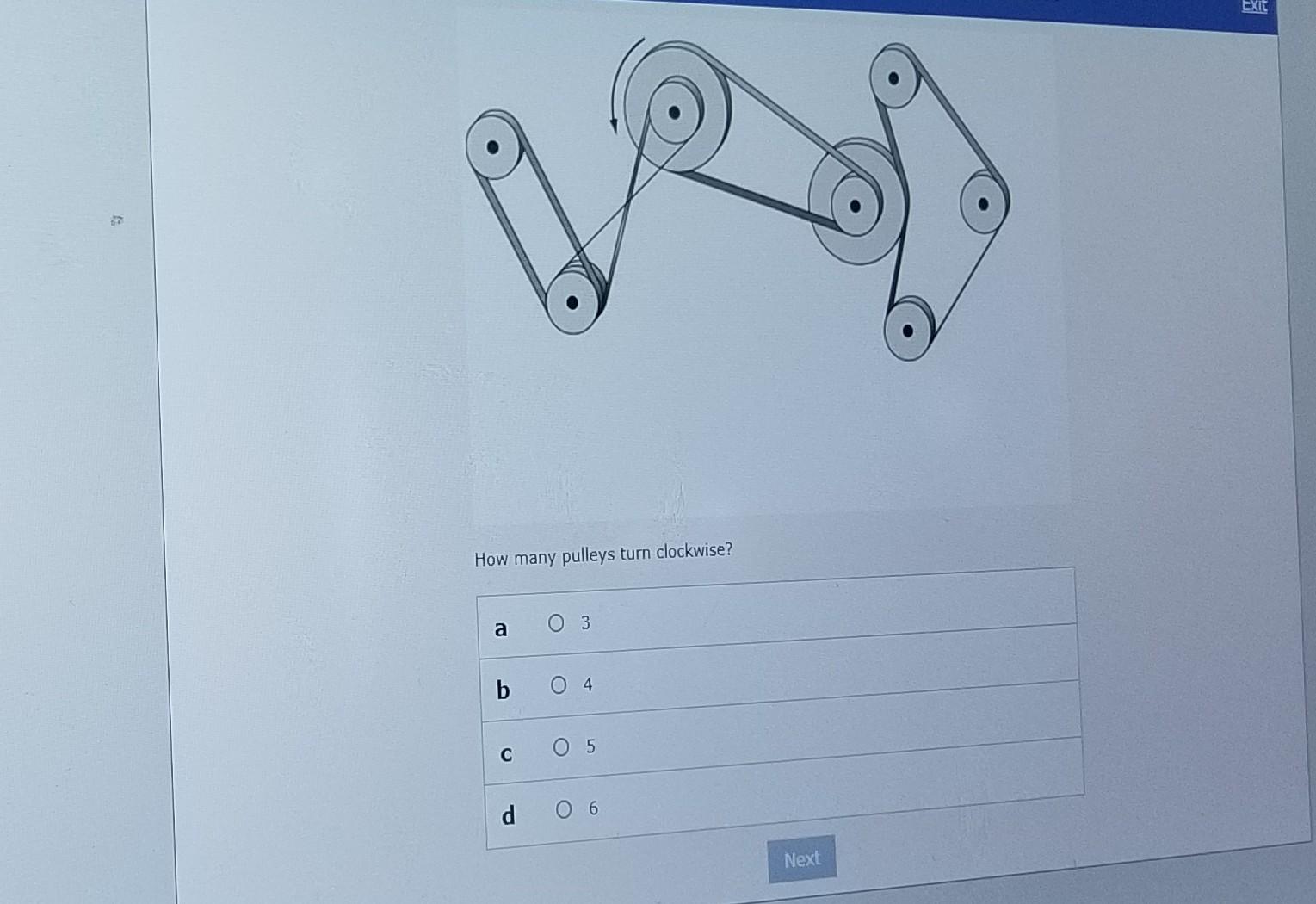 Solved EXIE How many pulleys turn clockwise? a 03 b 04 с 05 | Chegg.com