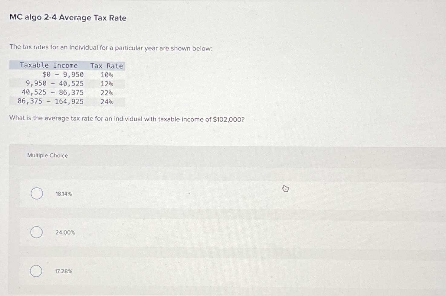 Solved MC algo 2-4 ﻿Average Tax RateThe tax rates for an | Chegg.com