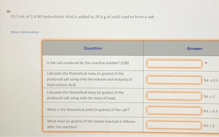 Solved 39 33.3 mL of 1.6M Hydrochloric Acid is added to 24.6 | Chegg.com