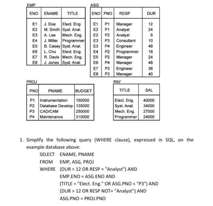 Solved 1. Simplify the following query (WHERE clause), | Chegg.com