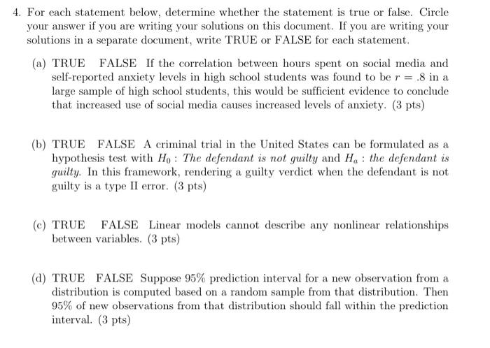 Solved 4. For each statement below, determine whether the | Chegg.com