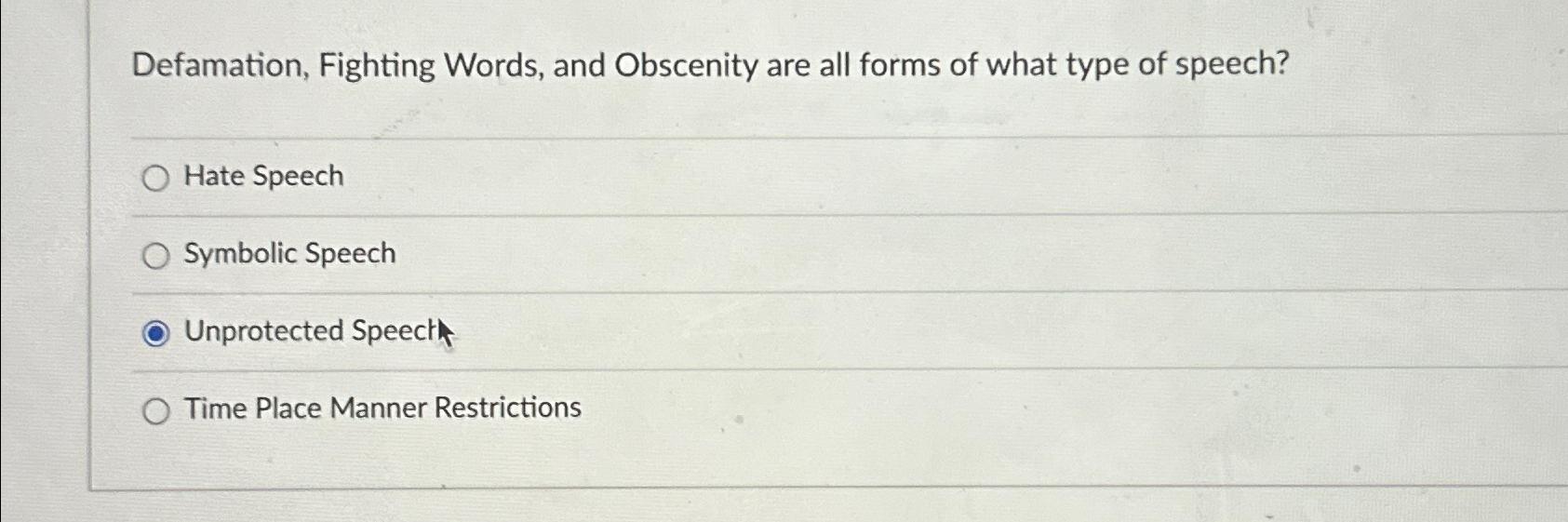 Solved Defamation, Fighting Words, and Obscenity are all | Chegg.com