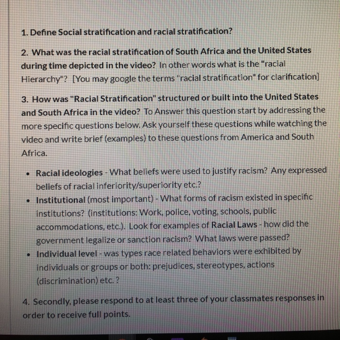 1. Define Social stratification and racial | Chegg.com