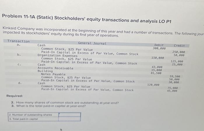 Solved Problem 11-1A (Static) Stockholders' equity | Chegg.com