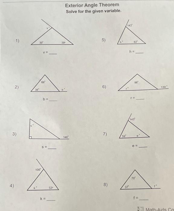 Solved Exterior Angle Theorem Solve for the given variable. | Chegg.com