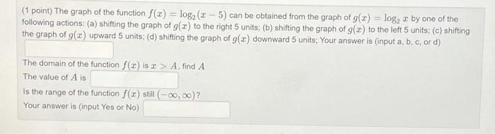 Solved (1 point) The graph of the function f(x) = log2 (x - | Chegg.com