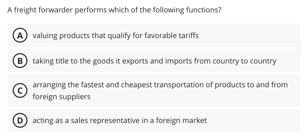 Solved A freight forwarder performs which of the following | Chegg.com