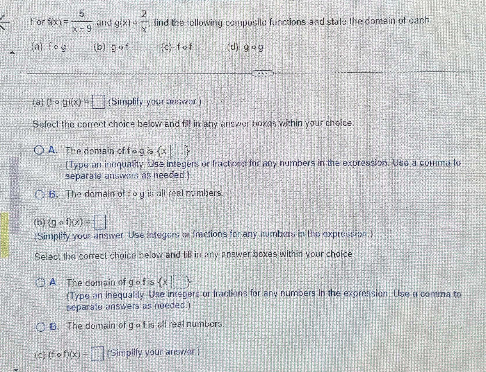 Solved For f(x)=5x-9 ﻿and g(x)=2x, ﻿find the following | Chegg.com