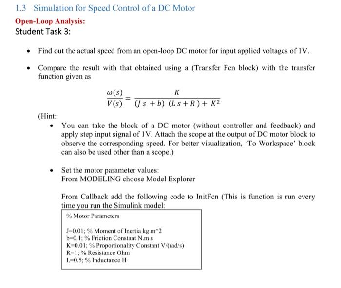 Solved 3 Simulation for Speed Control of a DC Motor pen-Loop | Chegg.com