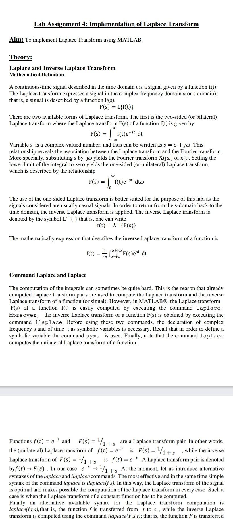 Solved Lab Assignment 4: Implementation of Laplace Transform | Chegg.com