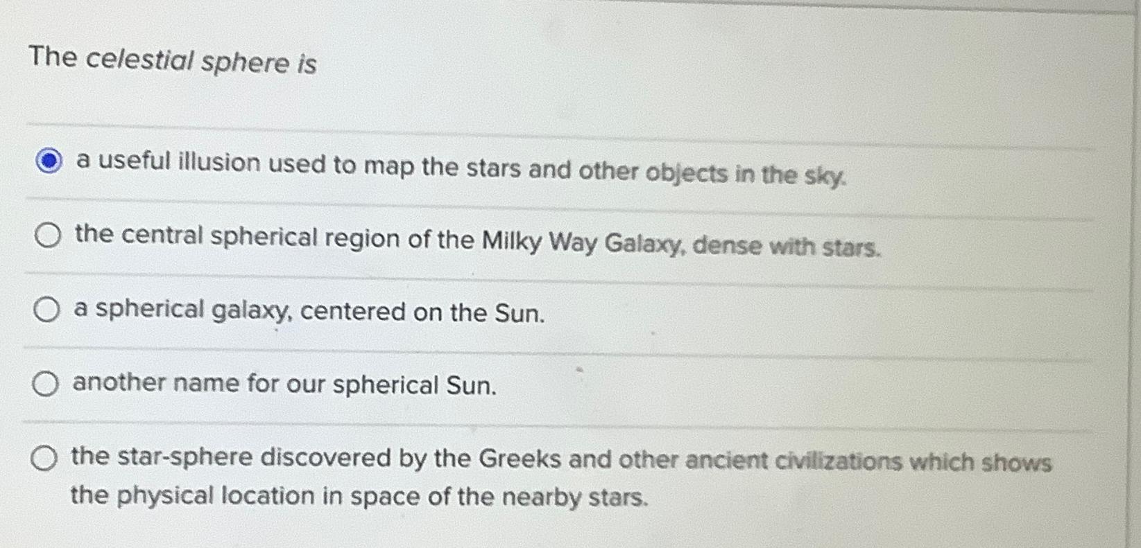 Solved The celestial sphere isa useful illusion used to map | Chegg.com