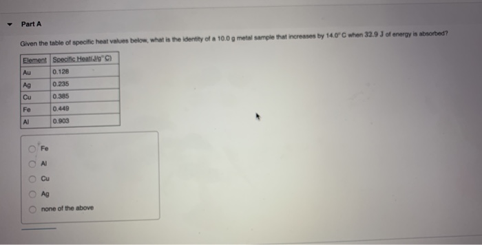 Solved Part A Given the table of specific heat values below, | Chegg.com