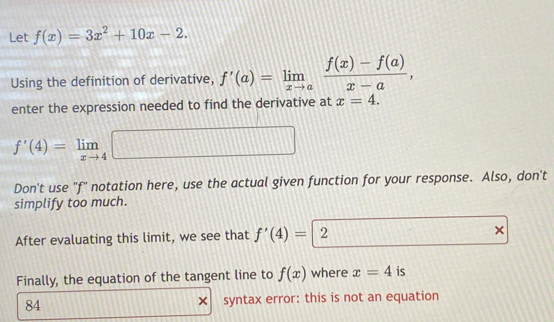 Solved Let f(x)=3x2+10x-2Using the definition of derivative, | Chegg.com