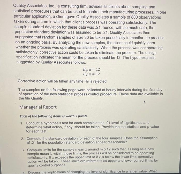 Solved Quality Associates, Inc., a consulting firm, advises | Chegg.com