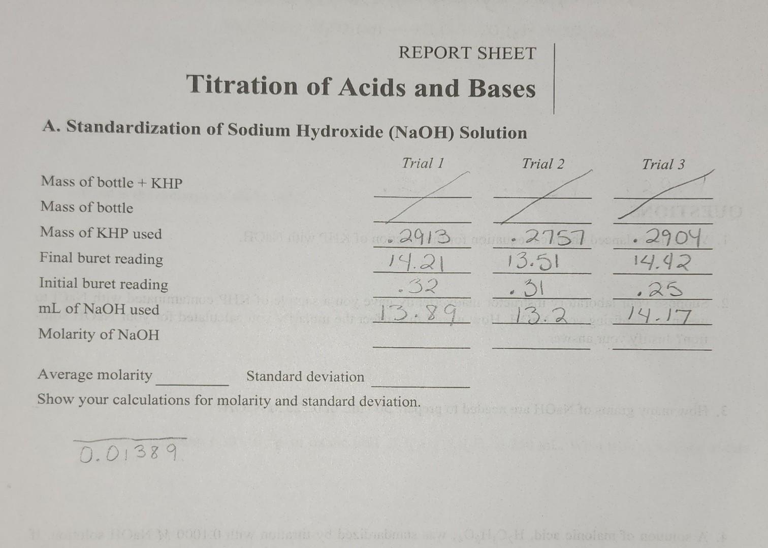 Solved Titration of Acids and Bases A. Standardization of | Chegg.com