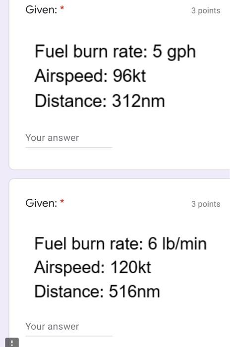 Solved Given: * 3 points Fuel burn rate: 5 gph Airspeed: | Chegg.com