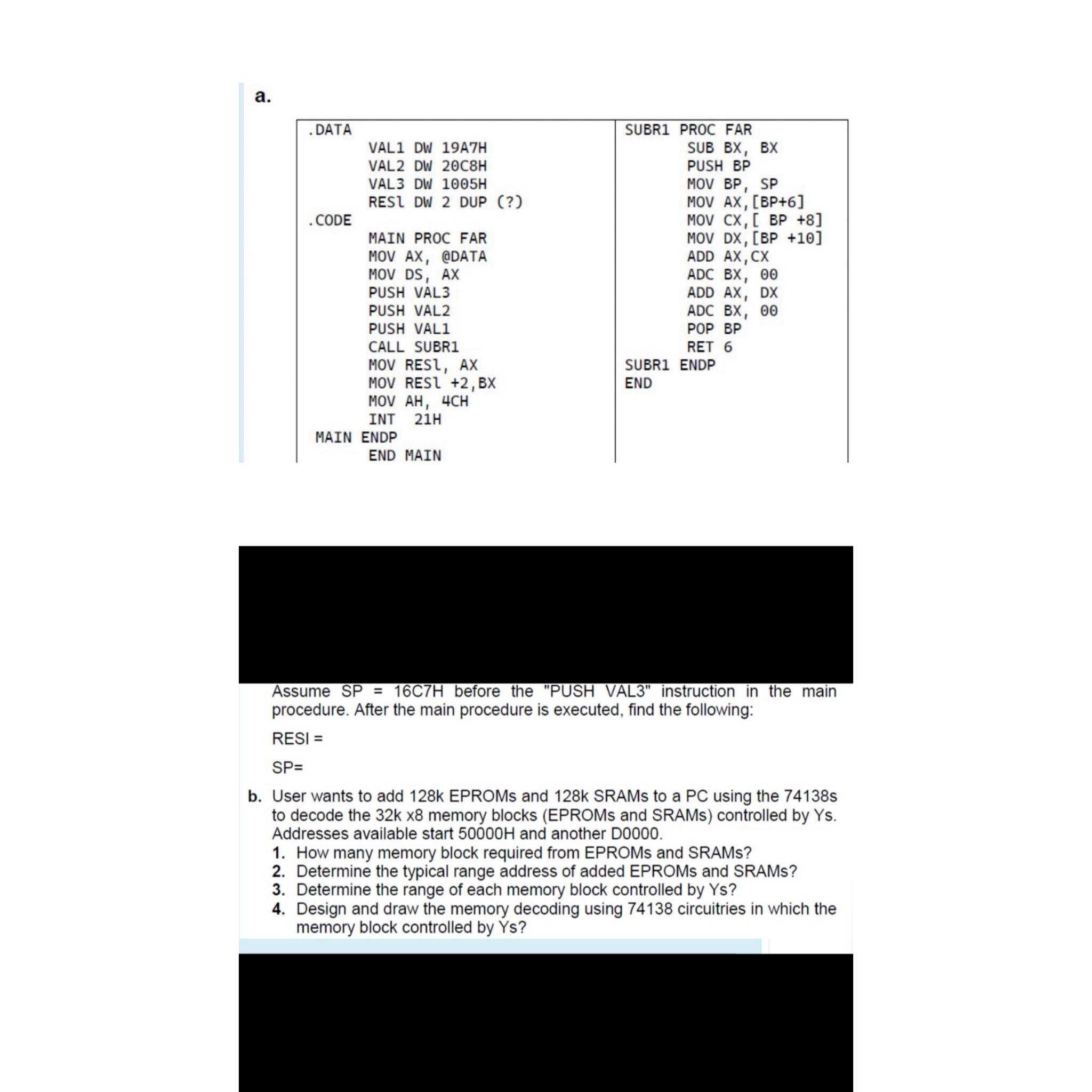 Solved a.\table[[.DATA,,SUBR1 ﻿PROC FAR],[,\table[[VAL1 ﻿DW | Chegg.com