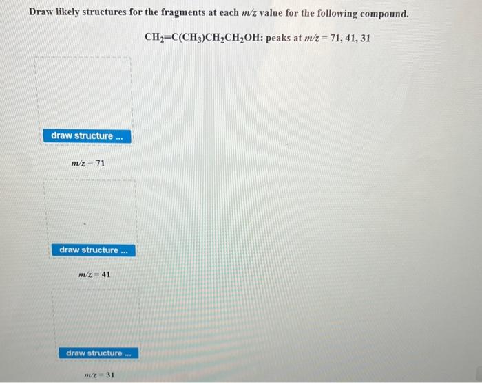 Solved Draw likely structures for the fragments at each m/z | Chegg.com