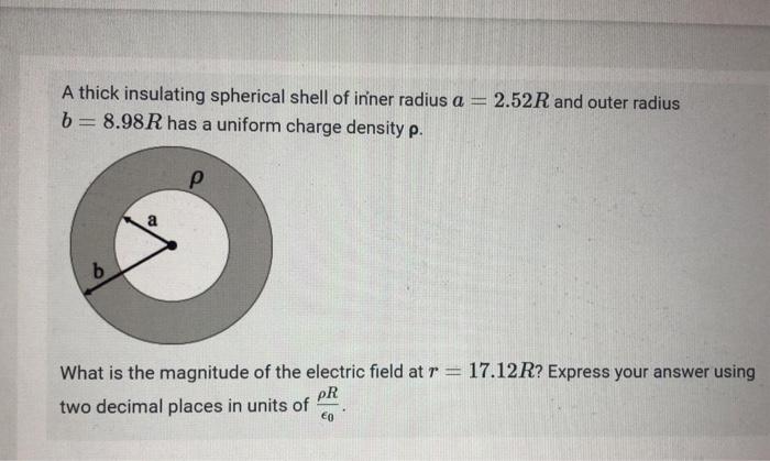 Solved A thick insulating spherical shell of inner radius a | Chegg.com