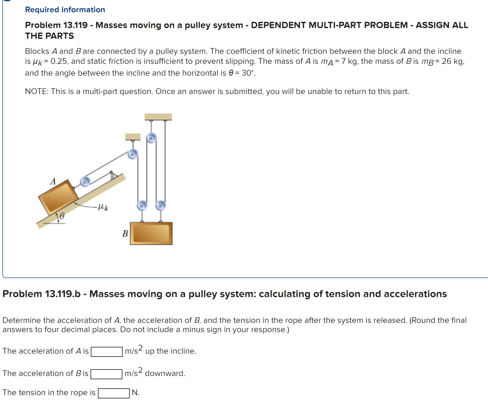 Solved Blocks A and B are connected by a pulley system. The | Chegg.com