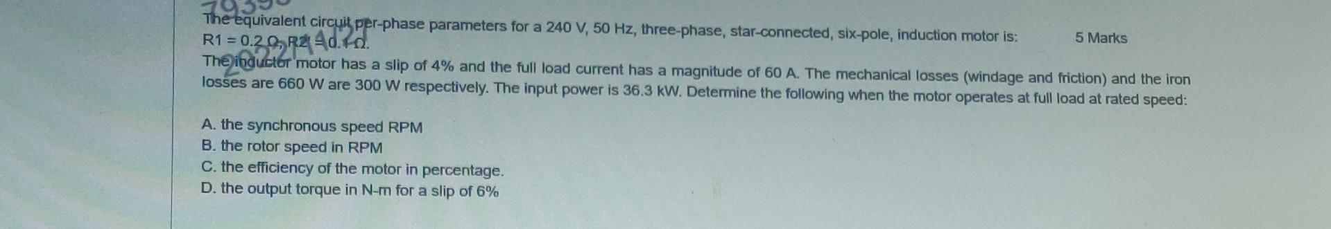 Solved The equivalent circyit per-phase parameters for a 240 | Chegg.com