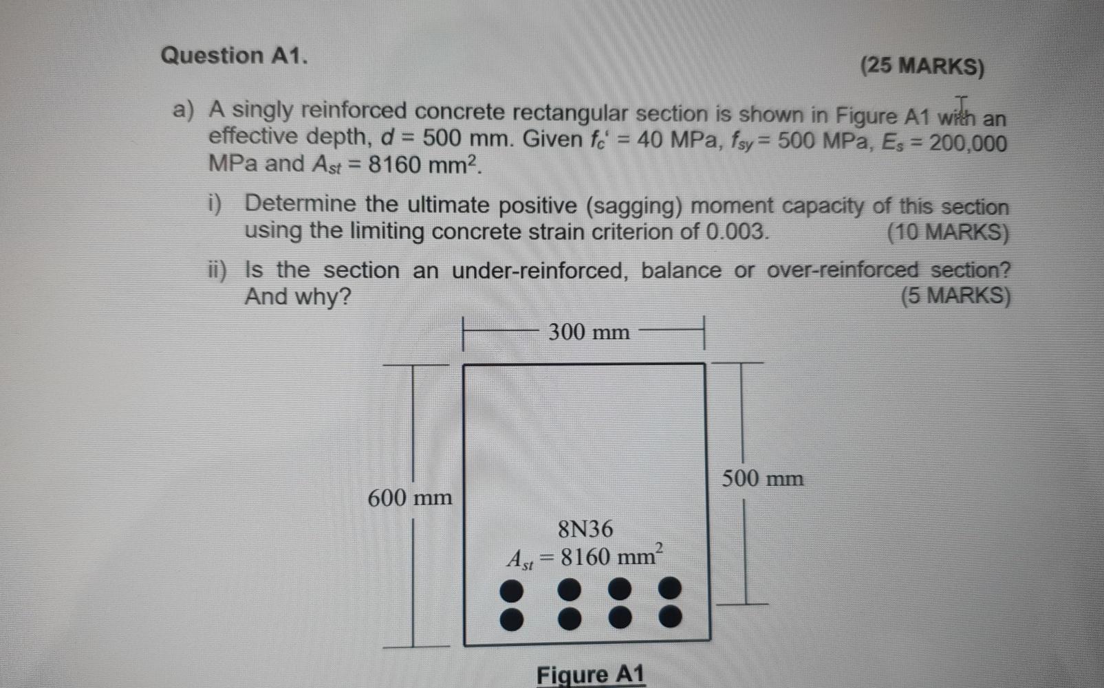 Solved Question A1. (25 MARKS) a) A singly reinforced | Chegg.com