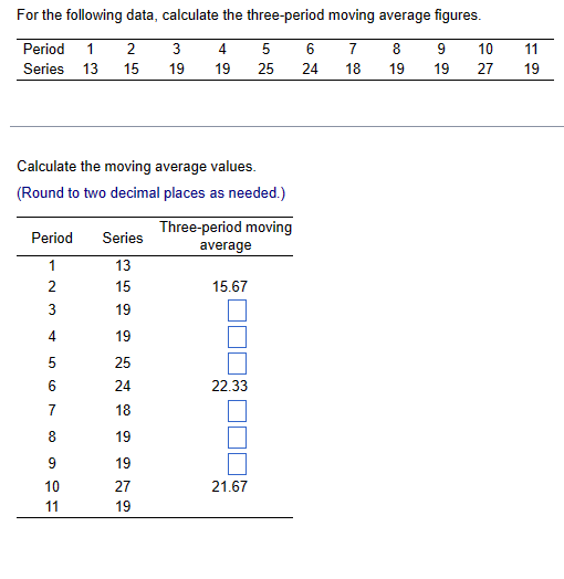 Solved For the following data, calculate the three-period | Chegg.com