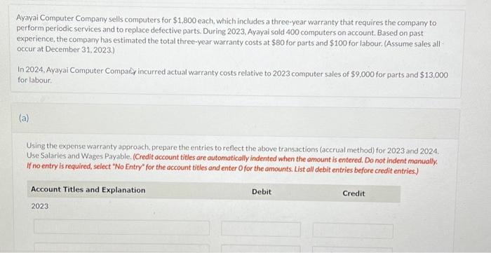 Solved Ayayai Computer Company sells computers for $1,800 | Chegg.com