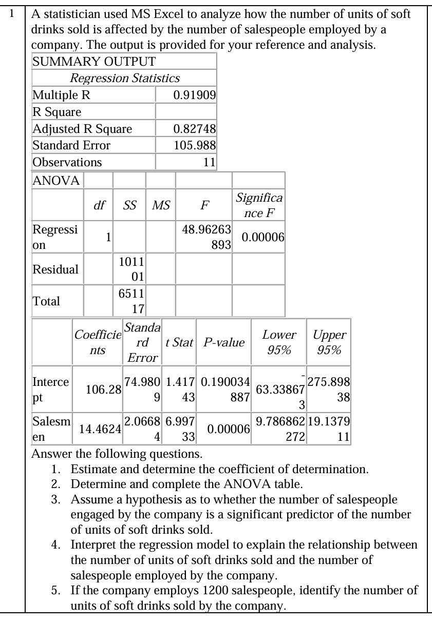 Solved \table[[1,\table[[A statistician used MS Excel to | Chegg.com